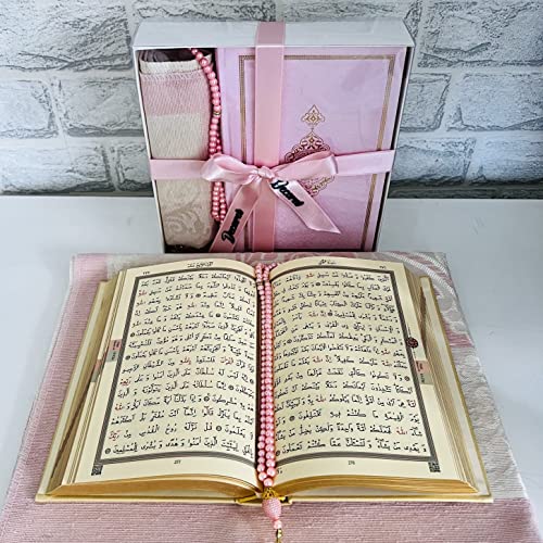 Muslim Prayer Rug,Full Arabic Thermo Leather Covered Quran (8.0 * 5.5 inc / 14 * 20 cm) and Beads I Perfect Islamic Gift I Muslim for Men&Women | Luxury Gifts (Pink)