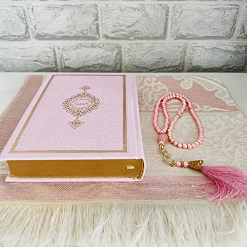 Muslim Prayer Rug,Full Arabic Thermo Leather Covered Quran (8.0 * 5.5 inc / 14 * 20 cm) and Beads I Perfect Islamic Gift I Muslim for Men&Women | Luxury Gifts (Pink)