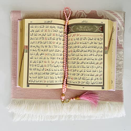 Muslim Prayer Rug,Full Arabic Thermo Leather Covered Quran (8.0 * 5.5 inc / 14 * 20 cm) and Beads I Perfect Islamic Gift I Muslim for Men&Women | Luxury Gifts (Pink)