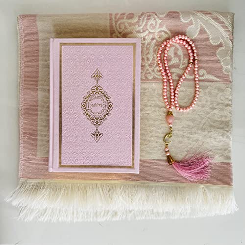 Muslim Prayer Rug,Full Arabic Thermo Leather Covered Quran (8.0 * 5.5 inc / 14 * 20 cm) and Beads I Perfect Islamic Gift I Muslim for Men&Women | Luxury Gifts (Pink)