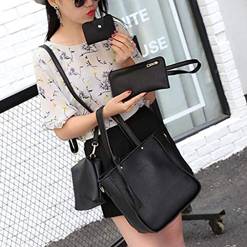 Anfushi Women Four Set Handbag Shoulder Bags, Handbag Shoulder Bag+Crossbody Bag+Wallet+ Card Purse Tote, PU Leather Multi Pocket Black