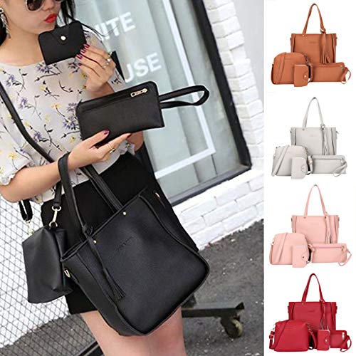 Anfushi Women Four Set Handbag Shoulder Bags, Handbag Shoulder Bag+Crossbody Bag+Wallet+ Card Purse Tote, PU Leather Multi Pocket Black