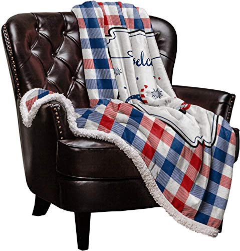 Sherpa Fleece Throw Blanket Independence Day Gnome USA Flag Reversible Warm Cozy Throws, Blue Red White Buffalo Lattice Super Soft Plush Bed TV Movie Blankets for Living Room Couch/Sofa/Travel/Office