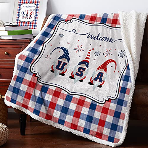 Sherpa Fleece Throw Blanket Independence Day Gnome USA Flag Reversible Warm Cozy Throws, Blue Red White Buffalo Lattice Super Soft Plush Bed TV Movie Blankets for Living Room Couch/Sofa/Travel/Office