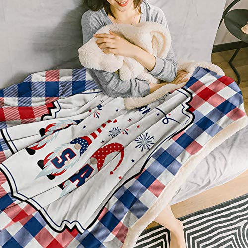 Sherpa Fleece Throw Blanket Independence Day Gnome USA Flag Reversible Warm Cozy Throws, Blue Red White Buffalo Lattice Super Soft Plush Bed TV Movie Blankets for Living Room Couch/Sofa/Travel/Office