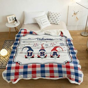 Sherpa Fleece Throw Blanket Independence Day Gnome USA Flag Reversible Warm Cozy Throws, Blue Red White Buffalo Lattice Super Soft Plush Bed TV Movie Blankets for Living Room Couch/Sofa/Travel/Office