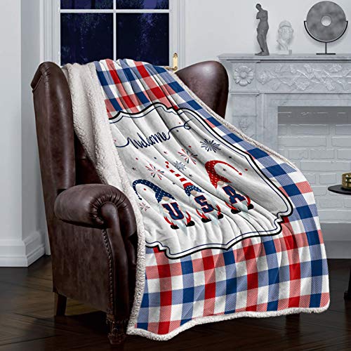 Sherpa Fleece Throw Blanket Independence Day Gnome USA Flag Reversible Warm Cozy Throws, Blue Red White Buffalo Lattice Super Soft Plush Bed TV Movie Blankets for Living Room Couch/Sofa/Travel/Office