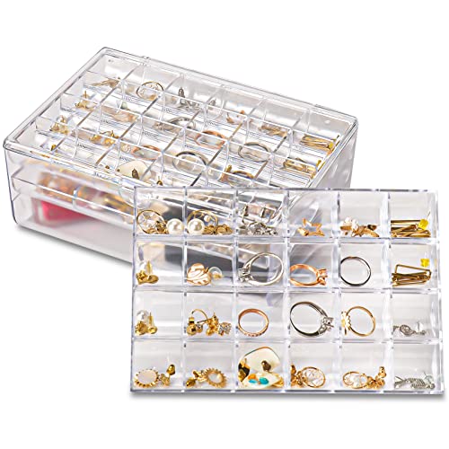 INMORVEN Earring Organizer, Jewelry Organizer Box for Earrings Storage, Clear Acrylic Bead Organizer with 38 Small Compartment Tray, 3 Layer Stackable Jewelry Case Gift for Women Girls