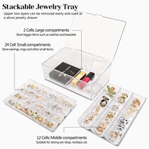 INMORVEN Earring Organizer, Jewelry Organizer Box for Earrings Storage, Clear Acrylic Bead Organizer with 38 Small Compartment Tray, 3 Layer Stackable Jewelry Case Gift for Women Girls