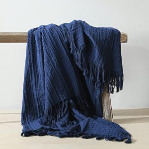 100% cotton throw blanket, waffle woven navy blue thin decorative blanket with fringe, rustic pre-washed soft, cozy, light weight blanket for couch, travel, farmhouse boho style throw, 60” x 80”