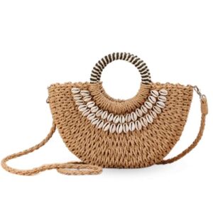 qtkj mini semi-circle rattan straw handbags, hand-woven women summer retro straw tote bag shoulder bag with shells decoration crossbody bag round handle beach handbags