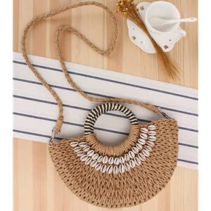 QTKJ Mini Semi-circle Rattan Straw Handbags, Hand-woven Women Summer Retro Straw Tote Bag Shoulder Bag with Shells Decoration Crossbody Bag Round Handle Beach Handbags