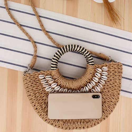 QTKJ Mini Semi-circle Rattan Straw Handbags, Hand-woven Women Summer Retro Straw Tote Bag Shoulder Bag with Shells Decoration Crossbody Bag Round Handle Beach Handbags