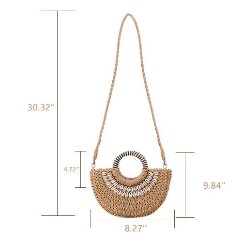 QTKJ Mini Semi-circle Rattan Straw Handbags, Hand-woven Women Summer Retro Straw Tote Bag Shoulder Bag with Shells Decoration Crossbody Bag Round Handle Beach Handbags