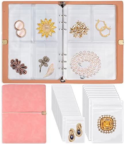 ChezMax Jewelry Organizer, Jewelry Storage Book with Pockets, Foldable Earrings Travel Album, PU Leather Accessories Holder Booklet for Necklace Rings (64 Grids+64 Anti-Oxidation PVC Bags) Pink