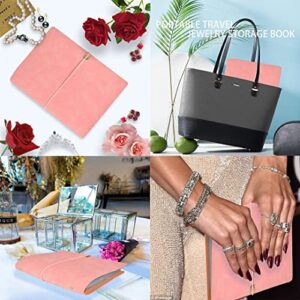 ChezMax Jewelry Organizer, Jewelry Storage Book with Pockets, Foldable Earrings Travel Album, PU Leather Accessories Holder Booklet for Necklace Rings (64 Grids+64 Anti-Oxidation PVC Bags) Pink