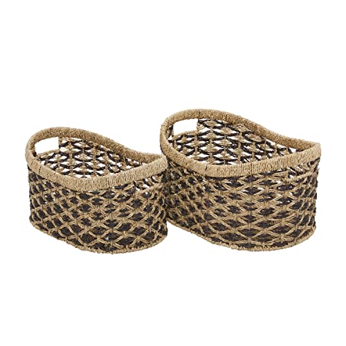 Deco 79 Seagrass Handmade Two Toned Storage Basket with Handles, Set of 2 10", 9"H, Brown