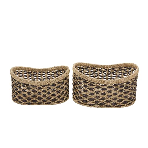 Deco 79 Seagrass Handmade Two Toned Storage Basket with Handles, Set of 2 10", 9"H, Brown