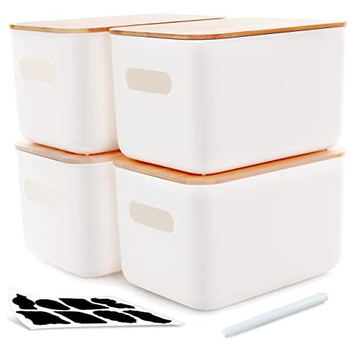 Citylife 4 Packs Plastic Storage Bins with Bamboo lids Stackable Storage Containers for Organizing, Bundled with Labels and Marker 10.24 x 7.01 x 6.1 inch