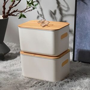 Citylife 4 Packs Plastic Storage Bins with Bamboo lids Stackable Storage Containers for Organizing, Bundled with Labels and Marker 10.24 x 7.01 x 6.1 inch