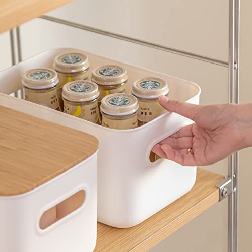 Citylife 4 Packs Plastic Storage Bins with Bamboo lids Stackable Storage Containers for Organizing, Bundled with Labels and Marker 10.24 x 7.01 x 6.1 inch