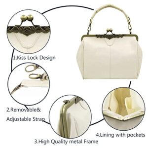 Arnosoar Vintage Kiss Lock Handbag Solid Pu Leather Women Shoulder Tote Bags White