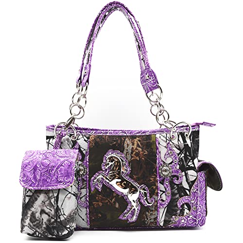 Camouflage Western Style Tote Studded Handbag Concealed Carry Purse Country Women Shoulder Bag Wallet Set (#2 Purple Set)