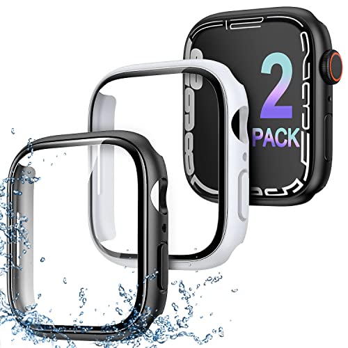 2-Pack 3D Curved Case for Apple Watch Series 7, Tempered Glass Screen Protector 41mm iWatch Full Face Cover Smartwatch Accessories (Black+White)