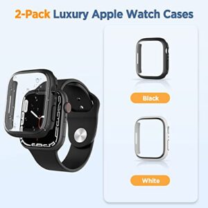 2-Pack 3D Curved Case for Apple Watch Series 7, Tempered Glass Screen Protector 41mm iWatch Full Face Cover Smartwatch Accessories (Black+White)