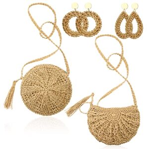 2 pcs women’s straw clutch purse and 2 pairs rattan earrings boho straw crossbody purse summer woven shoulder bag clutch purse with tassel handmade bohemian earrings hoop drop dangle earrings