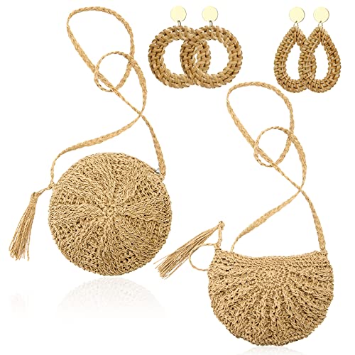 2 Pcs Women's Straw Clutch Purse and 2 Pairs Rattan Earrings Boho Straw Crossbody Purse Summer Woven Shoulder Bag Clutch Purse with Tassel Handmade Bohemian Earrings Hoop Drop Dangle Earrings