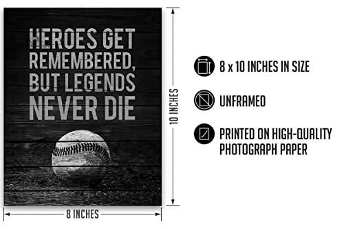 Heroes Get Remembered Legends Never Die - Baseball Motivational Sports Quotes - Baseball Wall Art for Boys Bedroom, Baseball Coach Gift - Inspirational Baseball Wall Decor - 8x10 unframed print