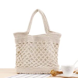 WIGUYUN Cotton Crochet Shoulder Bag Casual Tote Handbag Hollow Out Bohemian Top Handle Purse,White