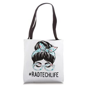 rad tech week appreciation day women messy bun for work tote bag