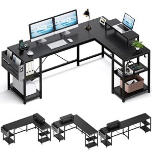 lulive l shaped desk, 95″ reversible corner computer desk with shelves, monitor stand, storage bag, hooks, 2 person long desk for home office writing study workstation (black)