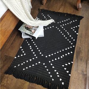 boho kitchen rug 2’x3′ small bathroom rug with tassels,black cotton moroccan farmhouse bath mat woven cute geometric throw rug washable for entry hallway sink bedroom living room indoor outdoor decor