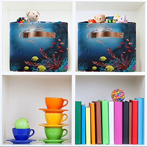 Sea Ocean Animal Dolphin Fish Storage Bin Canvas Toys Storage Basket Bin Large Storage Cube Box Collapsible with Handles for Home Office Bedroom Closet Shelves,1 pc