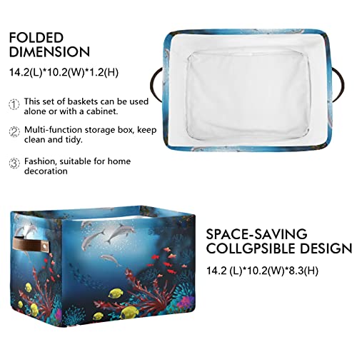 Sea Ocean Animal Dolphin Fish Storage Bin Canvas Toys Storage Basket Bin Large Storage Cube Box Collapsible with Handles for Home Office Bedroom Closet Shelves,1 pc