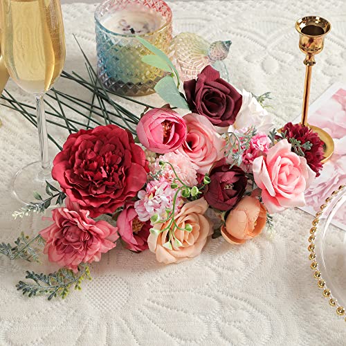 Kuujojo Artificial Flowers Combo, Fake Flowers for DIY Tables Centerpieces Baby shower Bridal Shower Wedding Bouquet Arrangements Party Candle Holder Cake Decor Flower Home Decorations (Burgundy Pink)