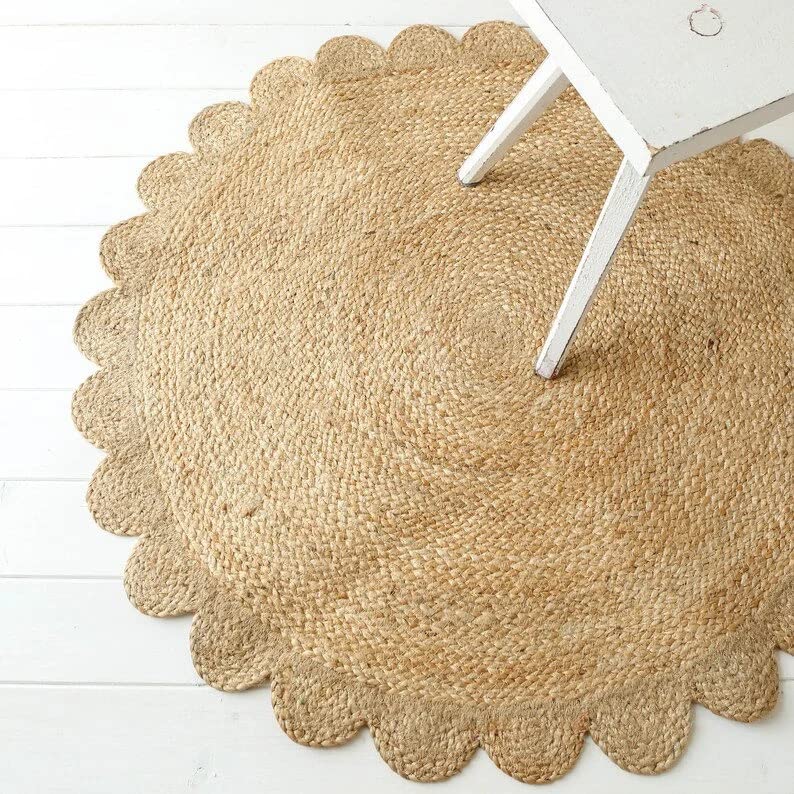 KLAVATE Scalloped Edge Rug, Natural Jute Scallop Round Designer Area Boho Decor Handmade Rug (6 feet, Natural)