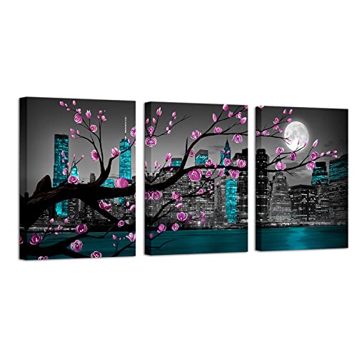 SiMiWOW Black and Pink Wall Decor Teal Blue New York City Wall Art Full Moon Night Pink Magnolia Flower Painting Framed Canvas Prints Bedroom Living Room Decor (12"x16"x3 Panels)