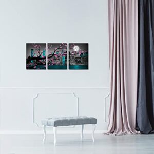 SiMiWOW Black and Pink Wall Decor Teal Blue New York City Wall Art Full Moon Night Pink Magnolia Flower Painting Framed Canvas Prints Bedroom Living Room Decor (12"x16"x3 Panels)