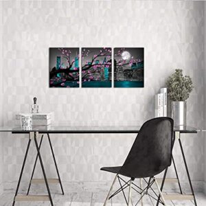 SiMiWOW Black and Pink Wall Decor Teal Blue New York City Wall Art Full Moon Night Pink Magnolia Flower Painting Framed Canvas Prints Bedroom Living Room Decor (12"x16"x3 Panels)