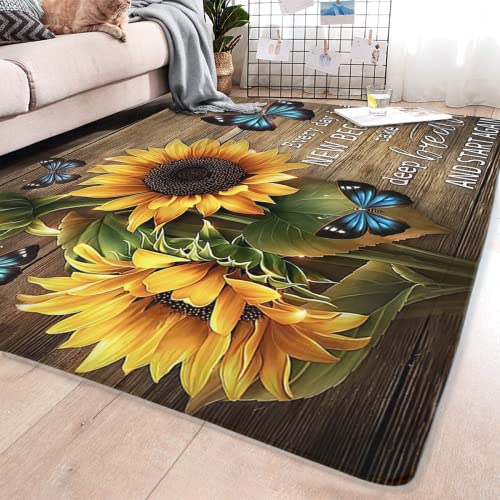 LUCKYYOUGAN Area Rug,Butterfly Sunflower on Wooden Board Non Slip Mat Area Rug Runners Floor Carpet for Kitchen Bedroom Living Room Children's Room Decoration,Farmhouse Decor 19.7x31.5inch