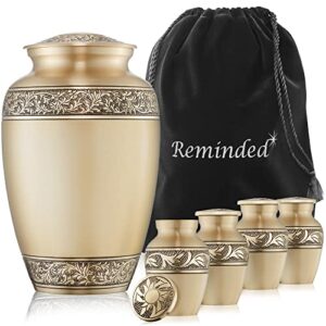 reminded set of 5 floral cremation urns for human ashes – 1 adult + 4 keepsake token size, gold