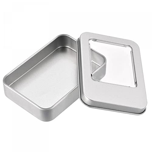 uxcell Metal Tin Box, 12pcs 3.43" x 2.36" x 0.71" Rectangular Empty Tinplate Storage Containers with Clear Window Lids, Silver Tone