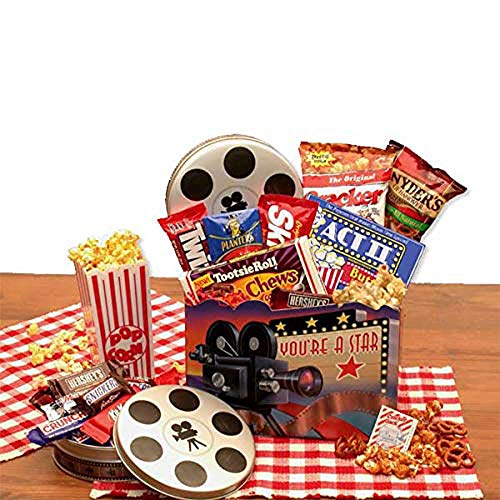 A Holly Wood Night Movie Night Gift Basket full of movie night snacks