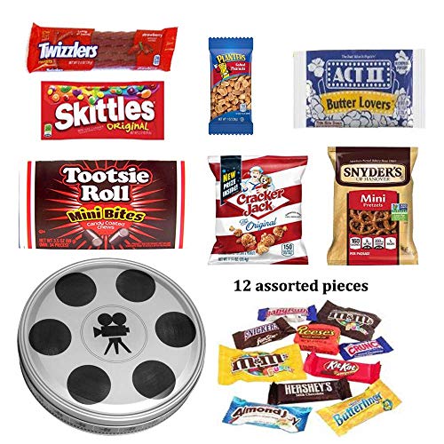 A Holly Wood Night Movie Night Gift Basket full of movie night snacks