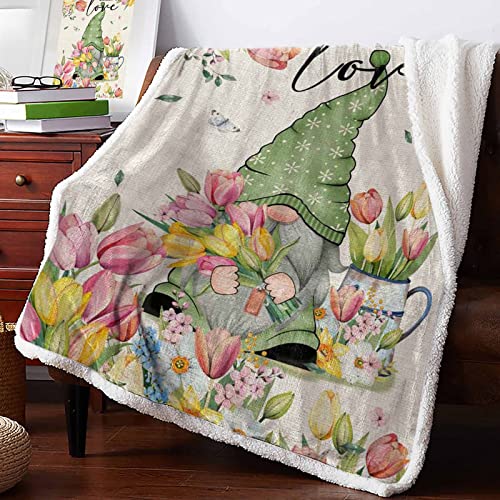 Possta Decor Sherpa Fleece Throw Blankets,Easter Gnome Spring Pink Tulip Floral Mother's Day Soft Warm Fleece Reversible Blanket,Dwarf Flower Plant Cozy Throws for Living Room Sofa,Couch,Bed 40x50In