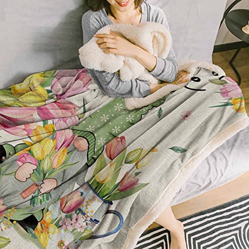 Possta Decor Sherpa Fleece Throw Blankets,Easter Gnome Spring Pink Tulip Floral Mother's Day Soft Warm Fleece Reversible Blanket,Dwarf Flower Plant Cozy Throws for Living Room Sofa,Couch,Bed 40x50In